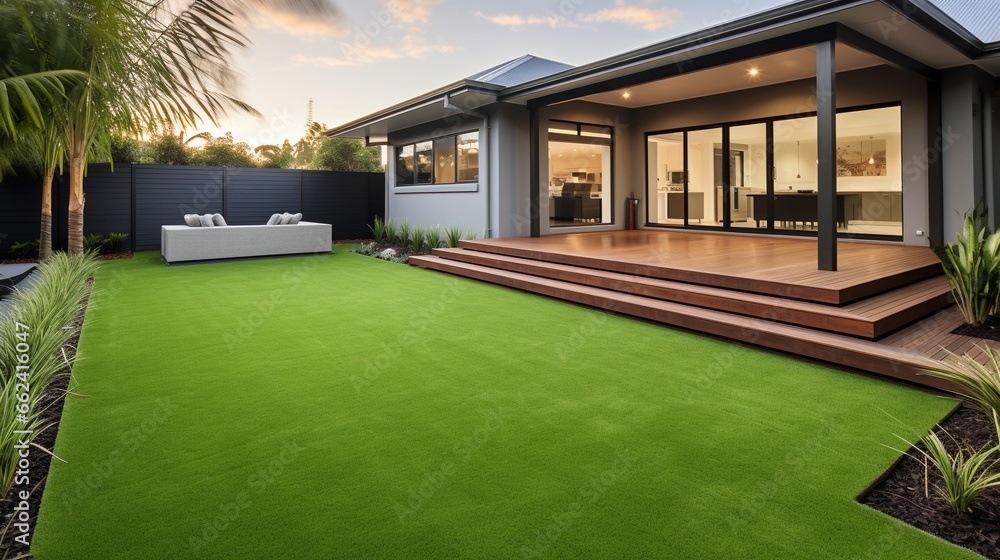 Contemporary Lawn Turf with Wooden Edging in Front Yard of Modern ...