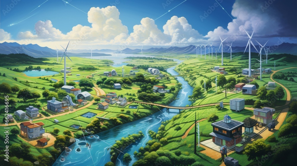 a serene IoT landscape where environmental sensors and smart grids ...