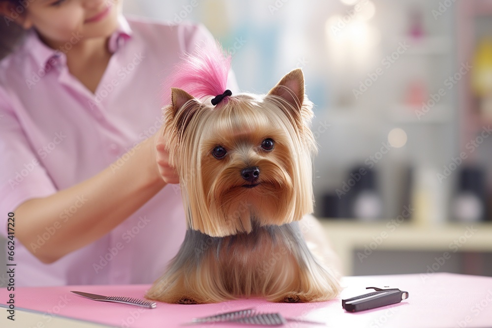 Dog gets hair cut at Pet Spa Grooming Salon. Closeup of Dog. the dog ...