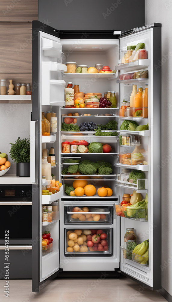 Foto de an open luxury refrigerator filled with lots of different types ...