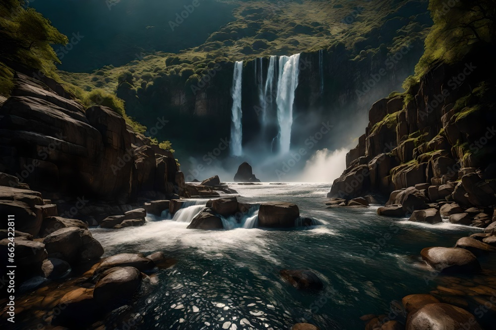 waterfall in the mountains A waterfall, a force of nature in perpetual ...