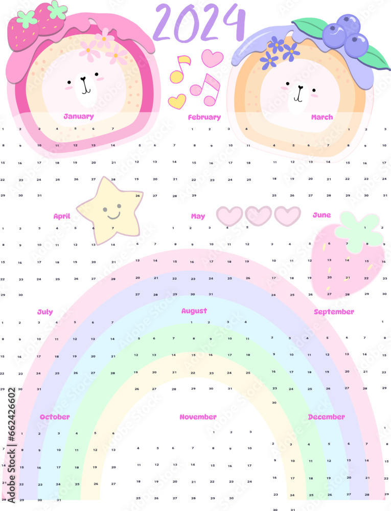 2024 calendar monts. posters for notes with tlat rainbow colours ...