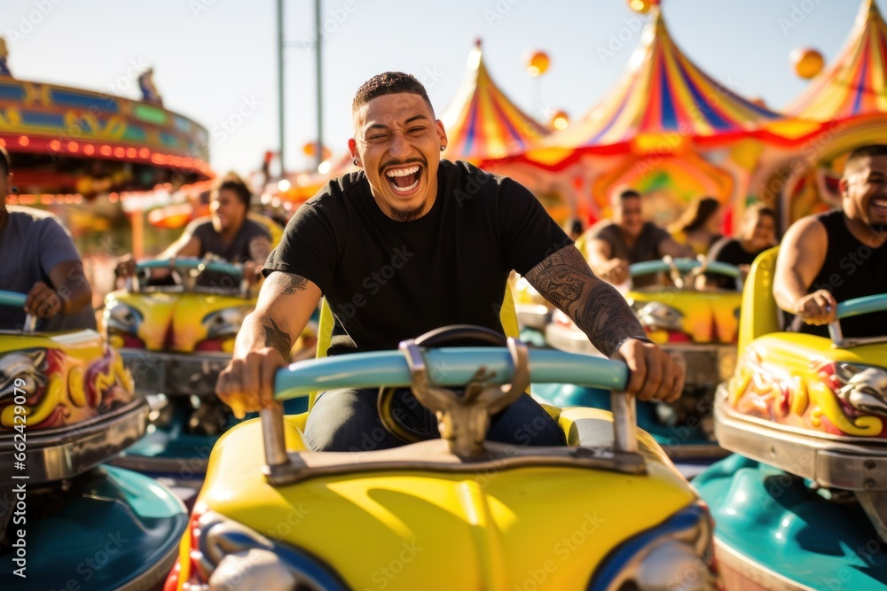 Fun loving young men with neck and face tattoos riding amusement park ...