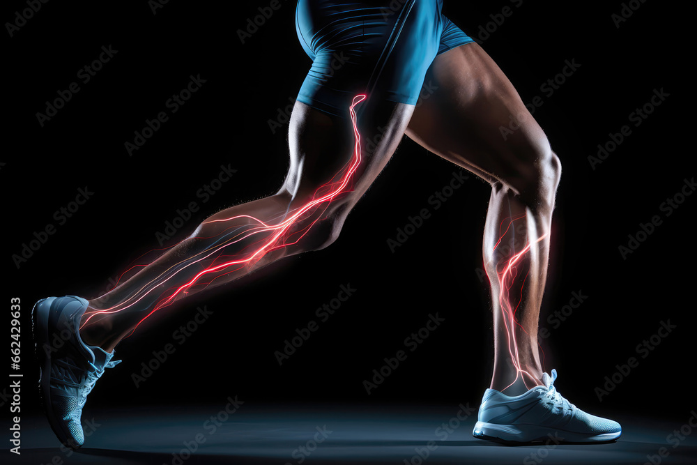 Side View Of Joggers Legs With Veins Pulsating, Isolated On Black ...