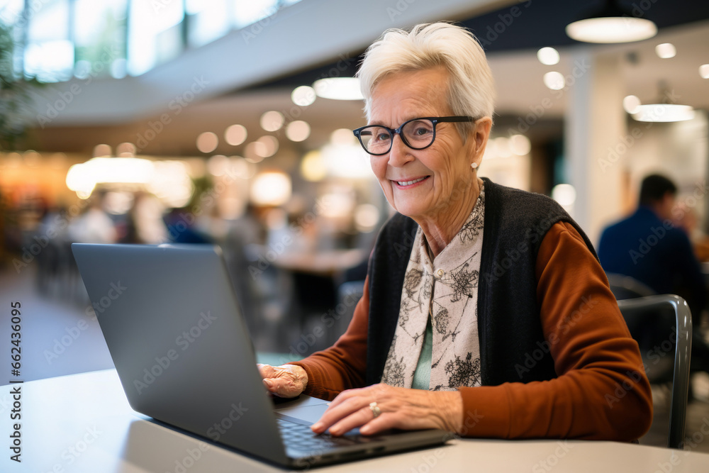 A joyful senior woman uses a laptop, possibly emailing friends ...
