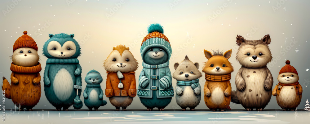 various animals animated christmas clipart in a row, on a snowy ...