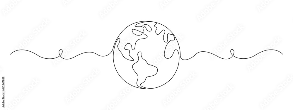 One continuous line drawing of Earth globe. World map in simple linear ...