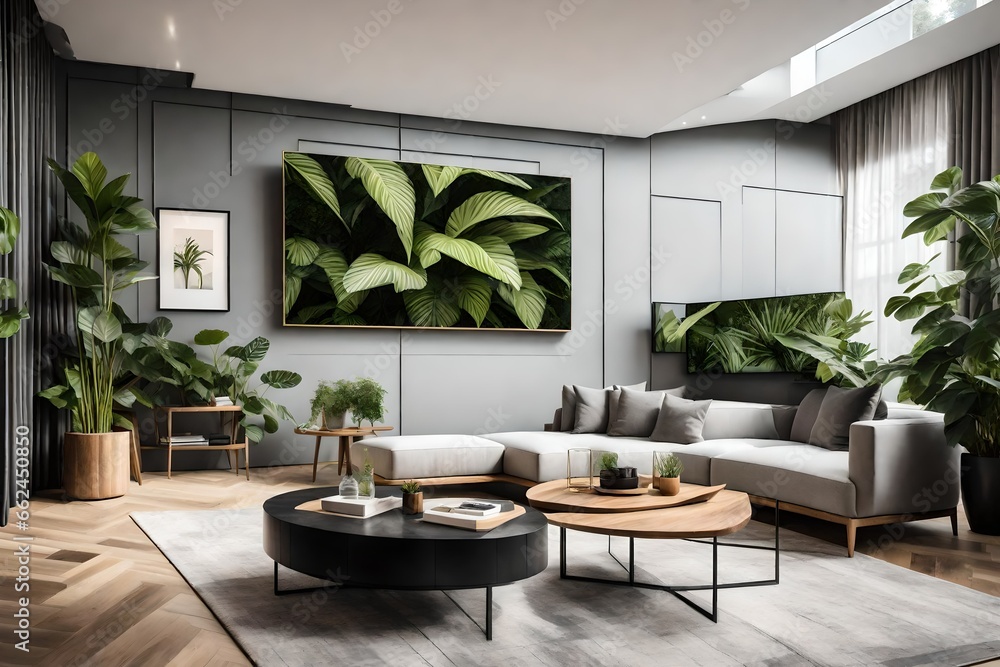 A Canvas Frame for a mockup in a modern TV room with biophilic design ...