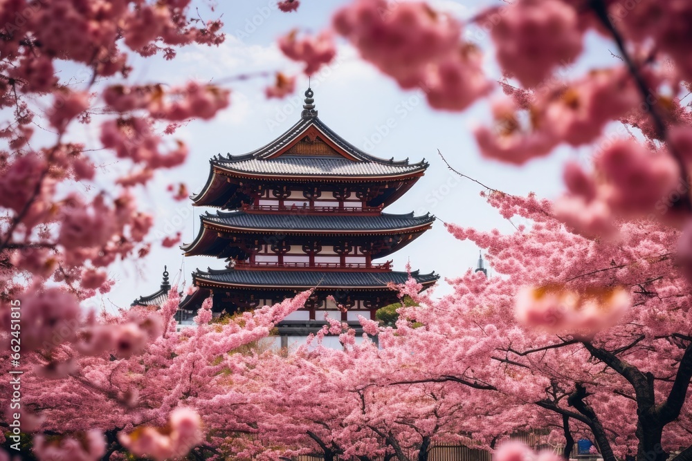 Shingon Buddhist temple and cherry blossom trees in a Japan-like ...