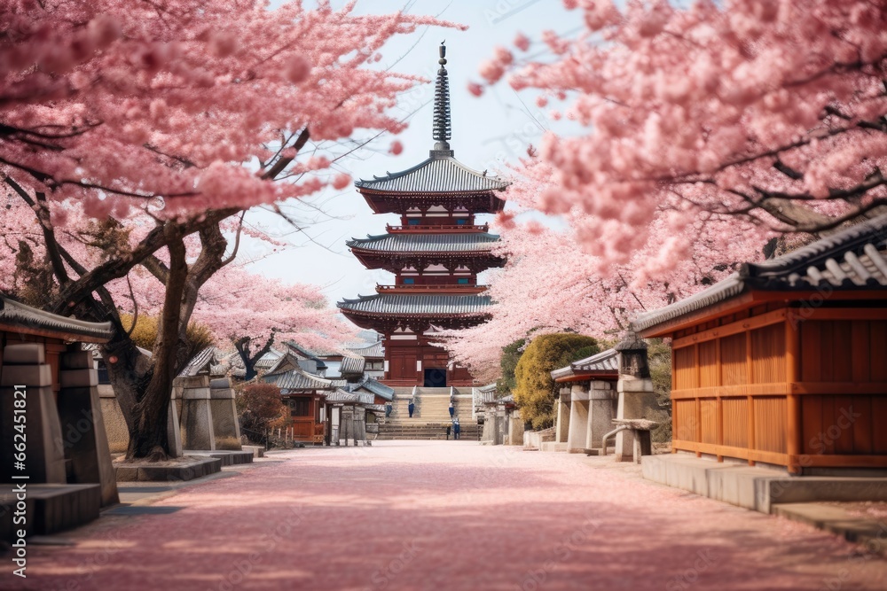 Shingon Buddhist temple and cherry blossom trees in a Japan-like ...
