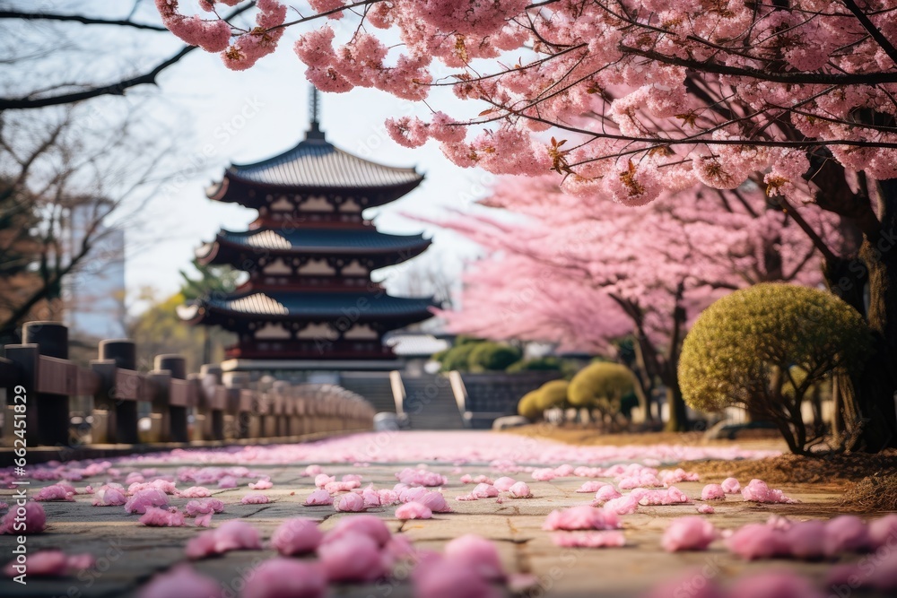 Shingon Buddhist temple and cherry blossom trees in a Japan-like ...