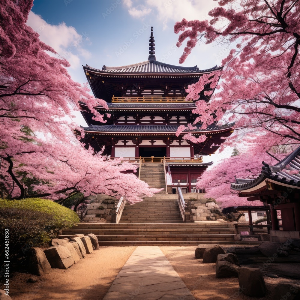 Shingon Buddhist temple and cherry blossom trees in a Japan-like ...