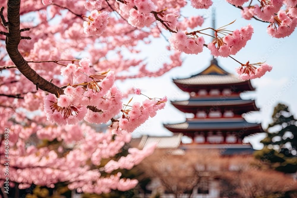 Shingon Buddhist temple and cherry blossom trees in a Japan-like ...