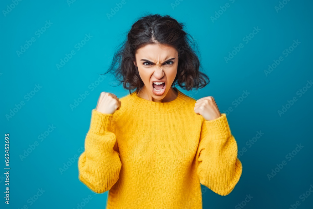 Angry aggressive girl in yellow sweater on blue studio background. Girl ...