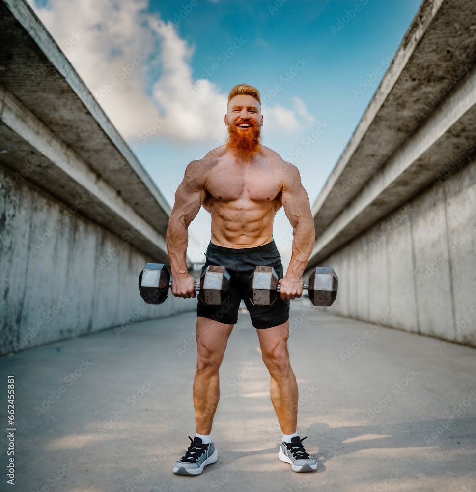 Masculine smiling ginger bearded male podybuilder lifting steel ...