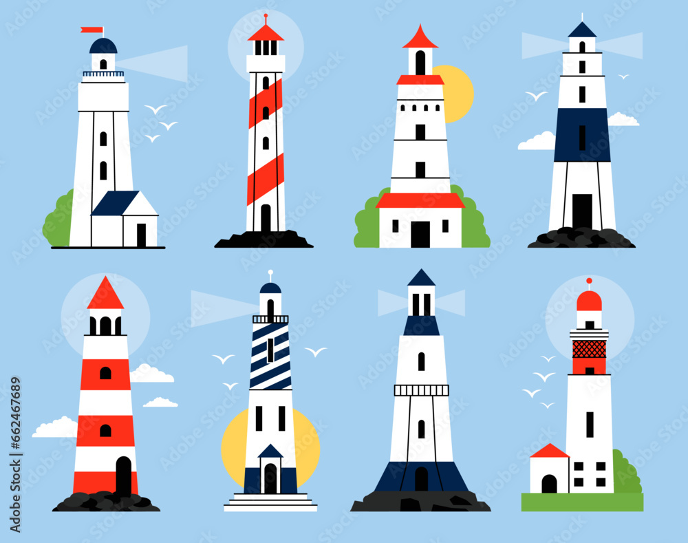 Flat cartoon lighthouse. Traditional lighthouses, clouds and birds ...