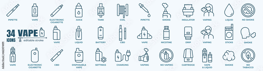 set of outline web vape and vaping icon such as no smoke, juice ...