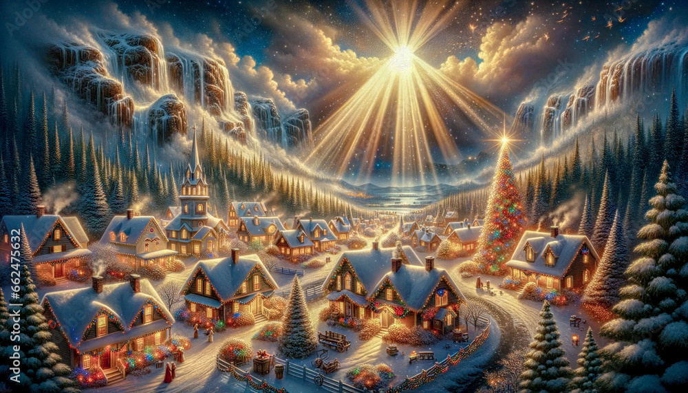 Painting Representing a Charming Christmas Village in the Alps Heavy ...