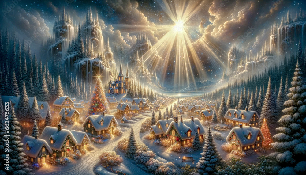 Painting Representing a Charming Christmas Village in the Alps Heavy ...