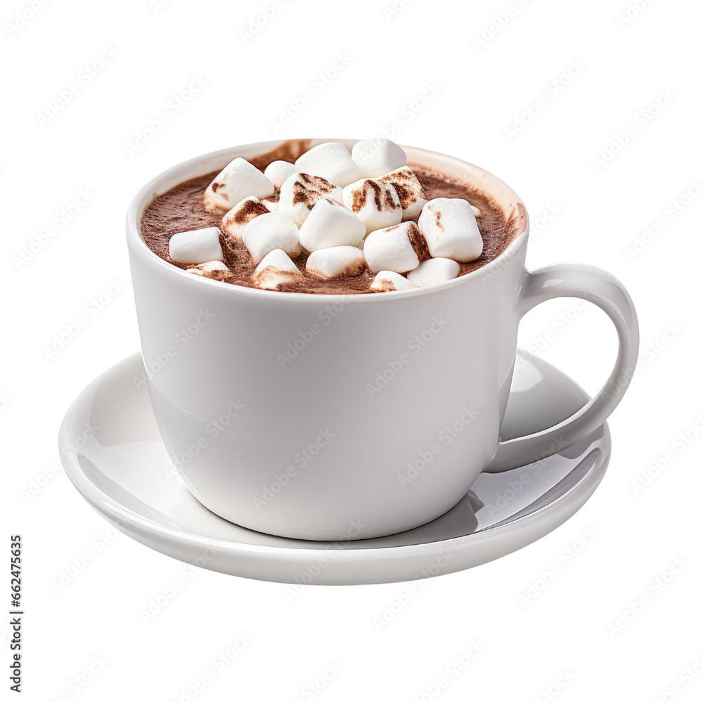 Hot chocolate, marshmallow drink with white cup isolated on transparent ...