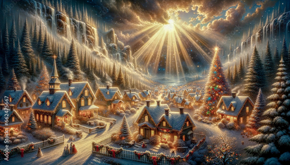 Painting Representing a Charming Christmas Village in the Alps Heavy ...