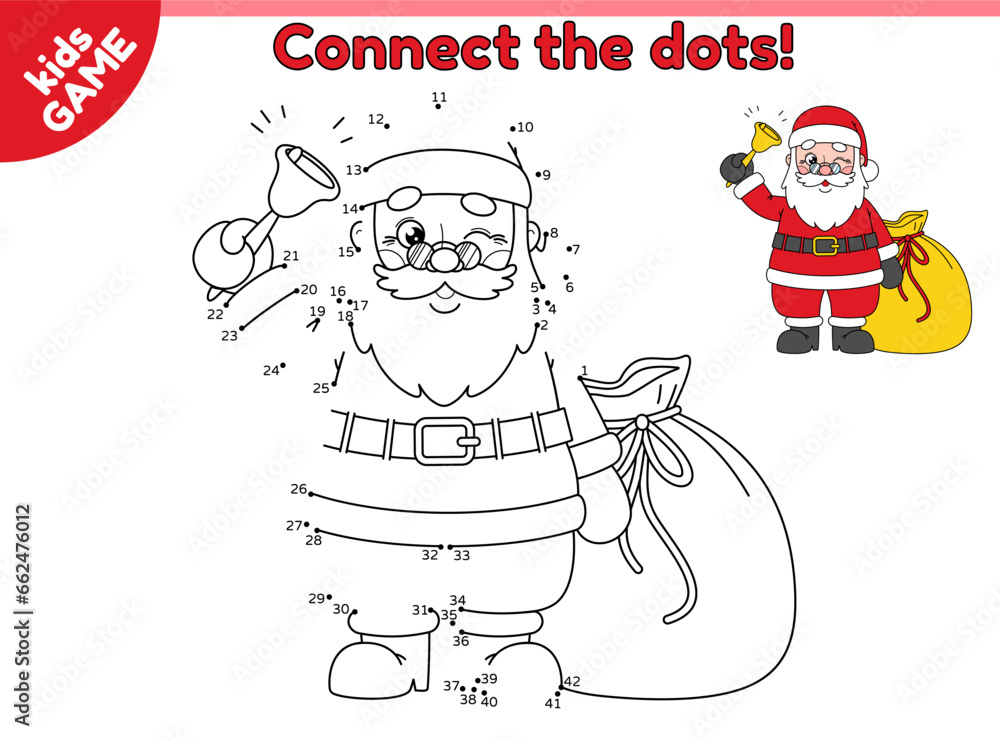 Dot to dot kids game. Cartoon happy Santa Claus ringing bell with a bag ...