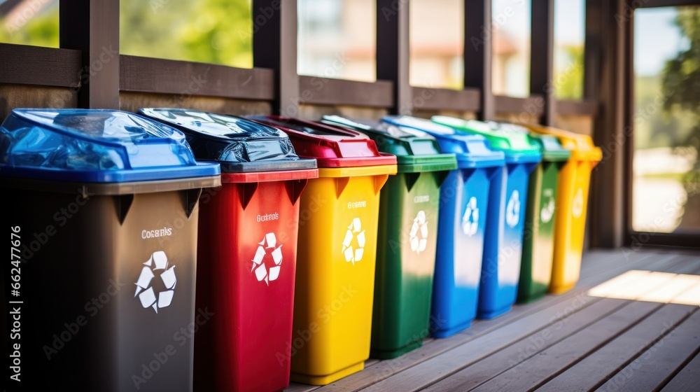 Different colored bins lined up, neatly filled with sorted recyclables ...