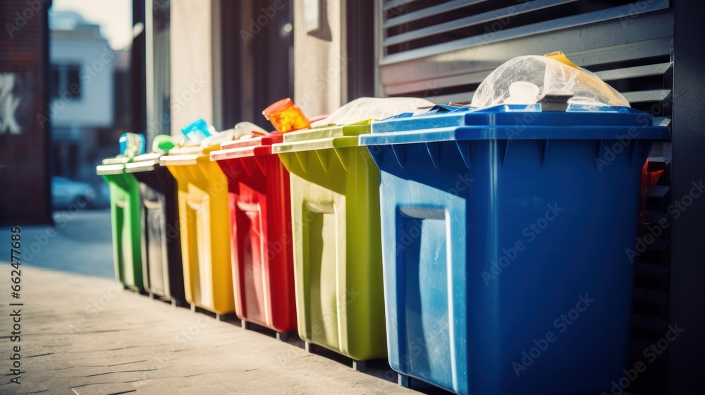 Different colored bins lined up, neatly filled with sorted recyclables. Glass, plastic, paper ...