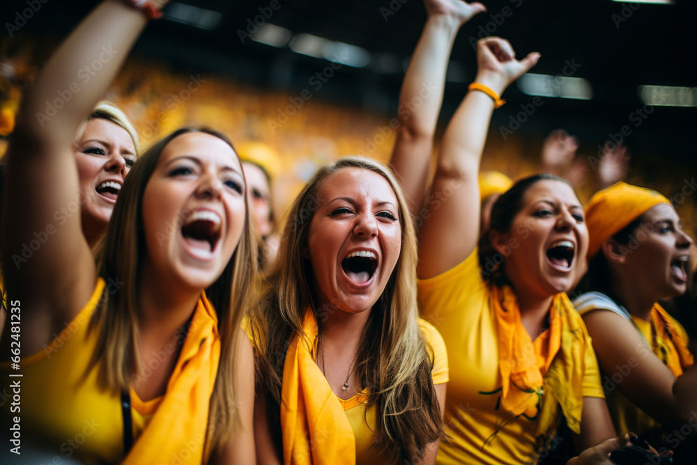 Female fans of soccer, women on the stand of soccer, supporting their ...