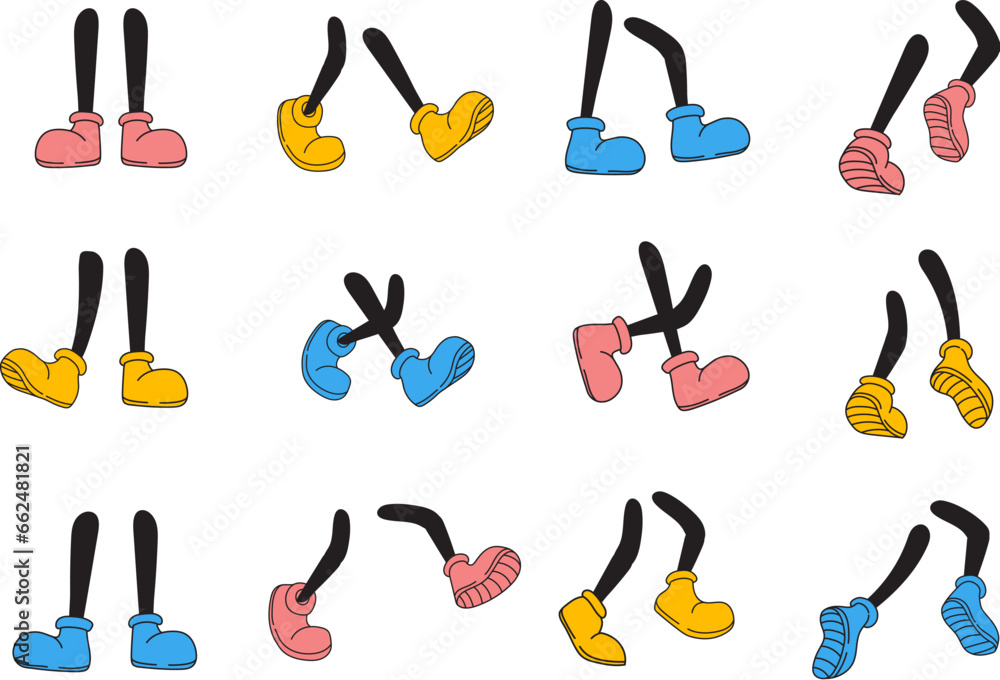 Comic feet. Cartoon legs in coloured sneakers shoe, comic foot step ...