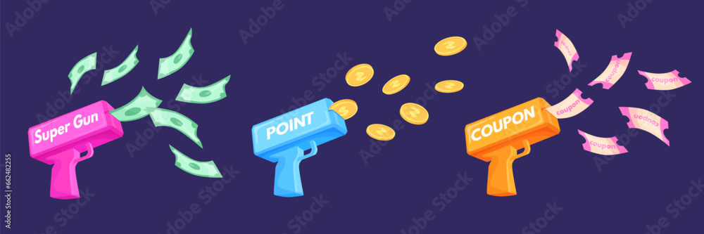 Money gun. Toy guns machine shoot cash paper coins or discount coupon ...