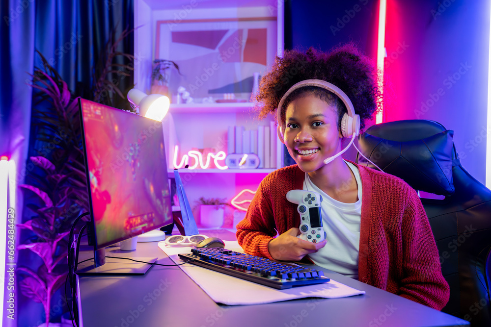 African American girl gaming streamer team winner playing online ...