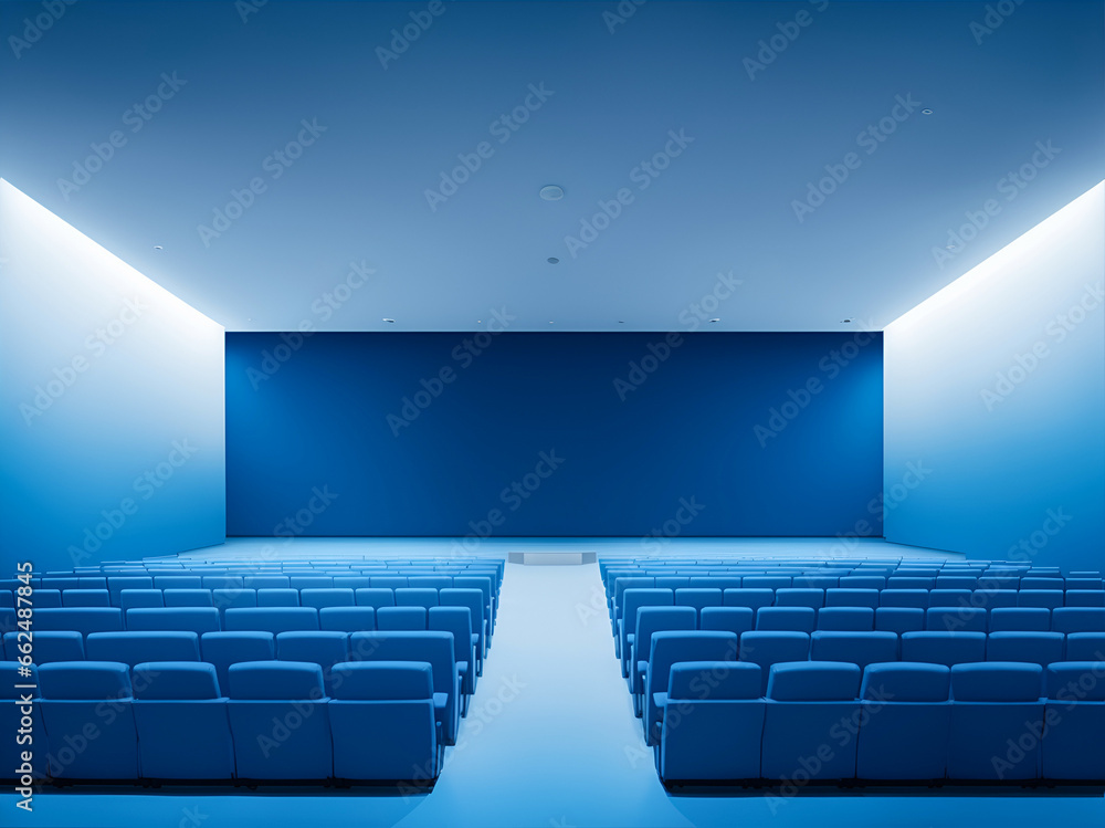 An empty cinema hall with blank white screen, waiting for the next film ...