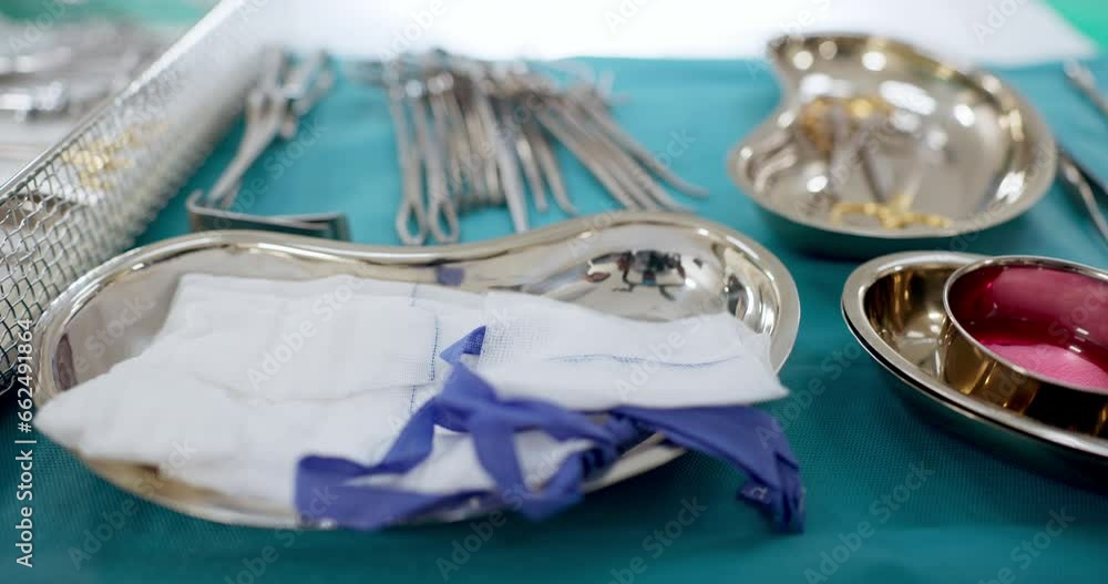 Surgery tools, equipment and metal on desk in hospital, operation ...