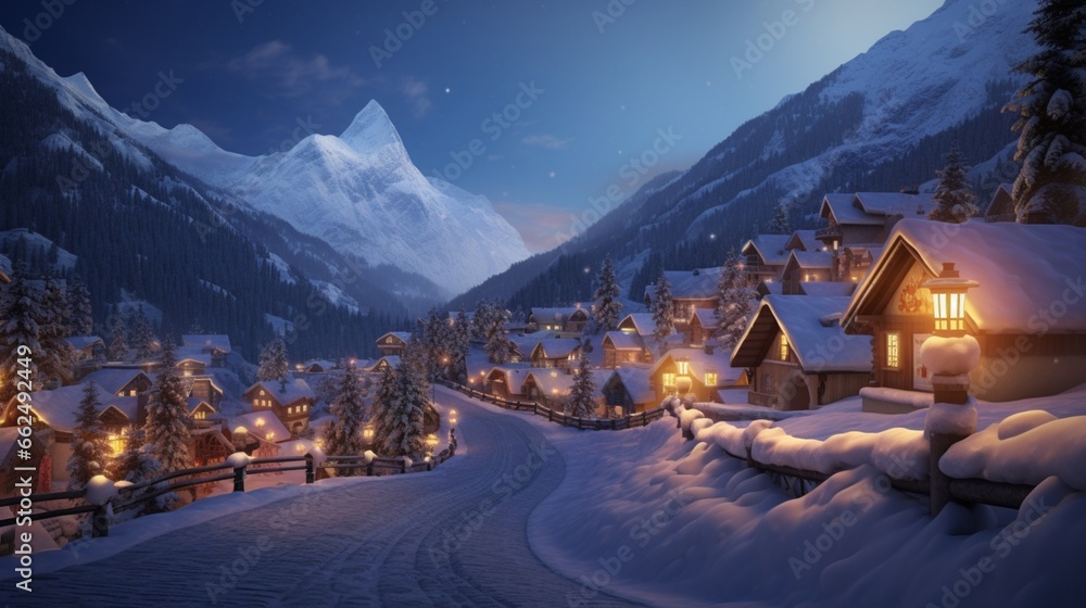 Hyper-realistic ski resort village at twilight, with warmly lit chalets ...