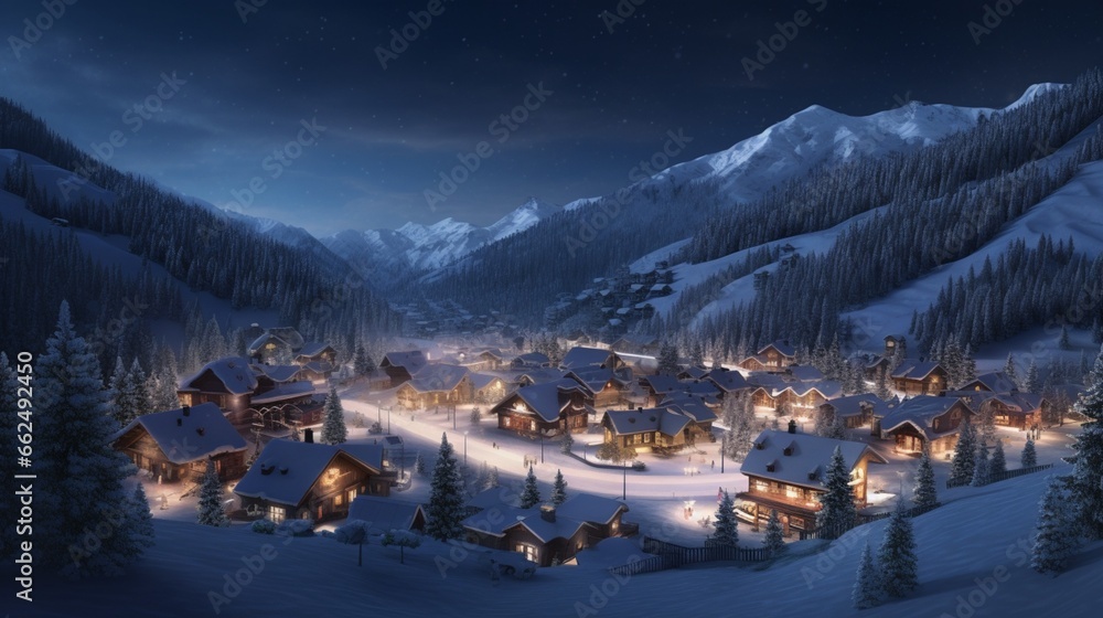 Hyper-realistic ski resort village at twilight, with warmly lit chalets ...