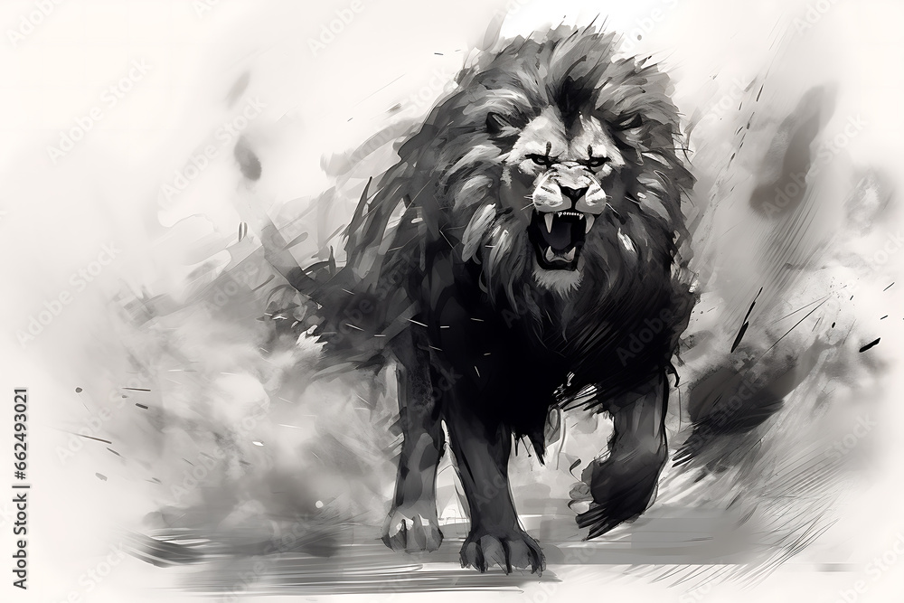 lion illustration in Chinese brush stroke calligraphy in black and grey ...