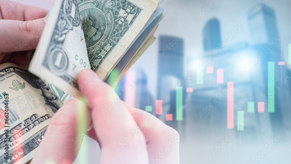 Money in hands man. Cost growth chart. Human counts expenses. Concept ...