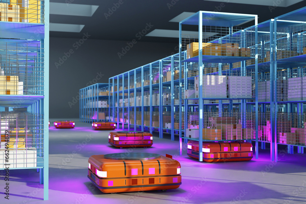 Automated warehouse. Industrial autonomous warehouse. AGV near shelves ...