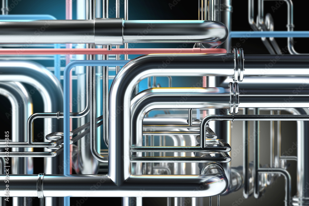 Industrial background. Tangled chrome pipes. Backdrop with pipeline ...