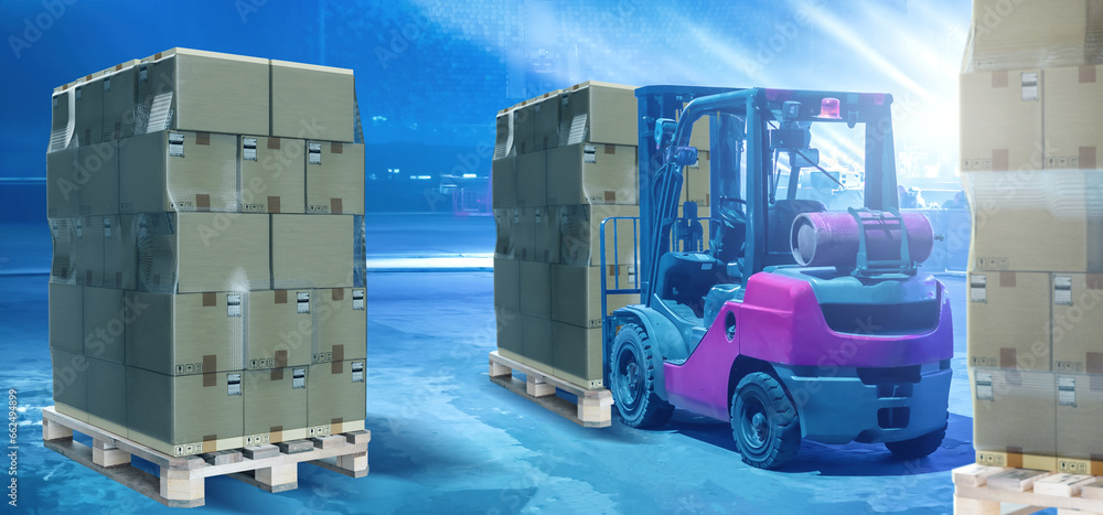 Forklift with boxes on pallet. Cardboard parcels await loading ...