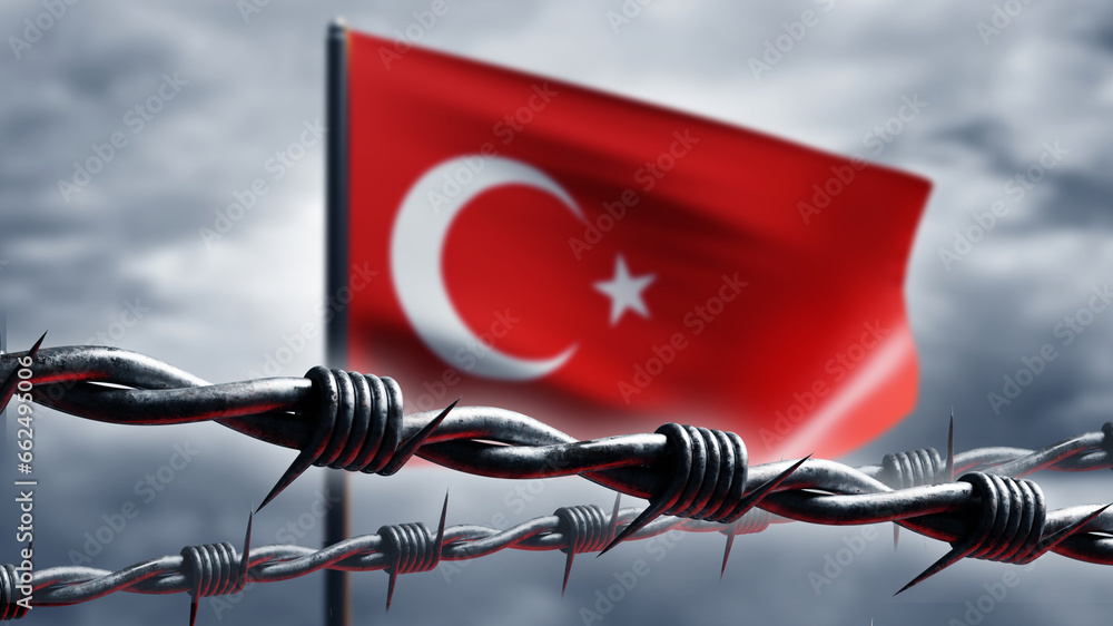 Turkey flag behind barbed wire. Sanctions for Turkish republic concept ...
