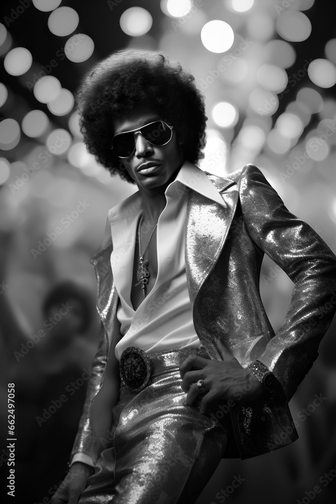 A cool black man from the 70s with a prominent afro exudes confidence ...
