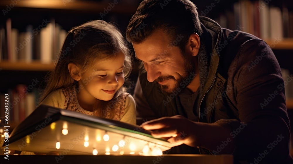 A father helping his daughter choose a colorful book in a quiet, cozy ...