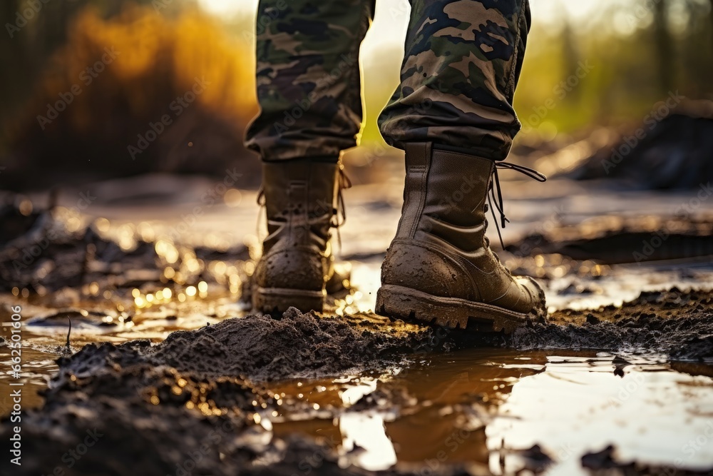 Ukrainian soldier in muddy terrain wearing brown military boots Stock Photo | Adobe Stock