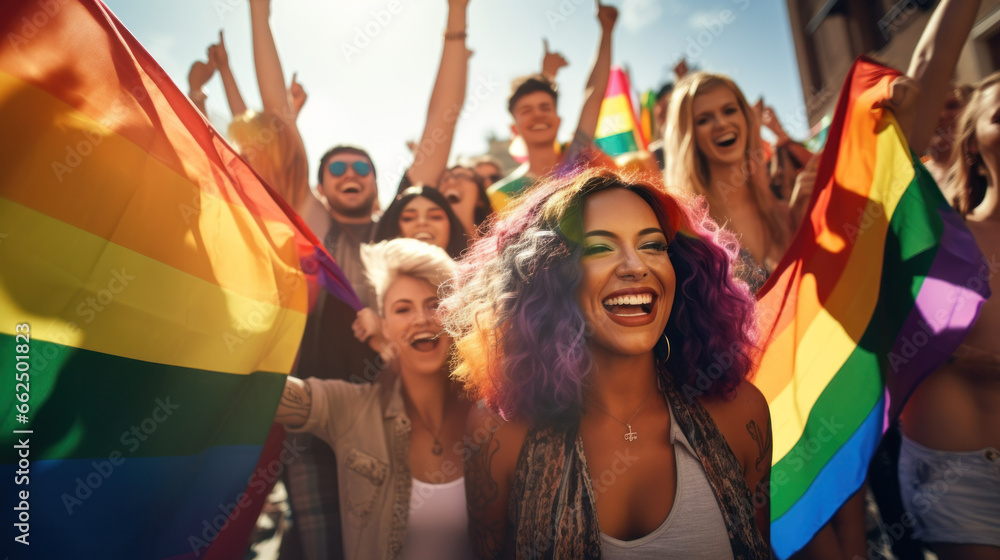 A diverse group of friends, proudly waving a rainbow flag during a ...