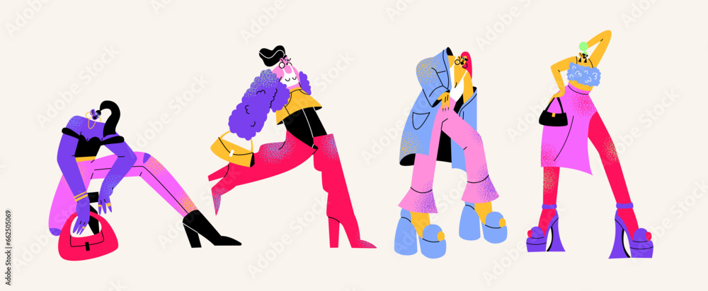 Cartoon characters of young girls in stylish fashionable suits. Retro ...