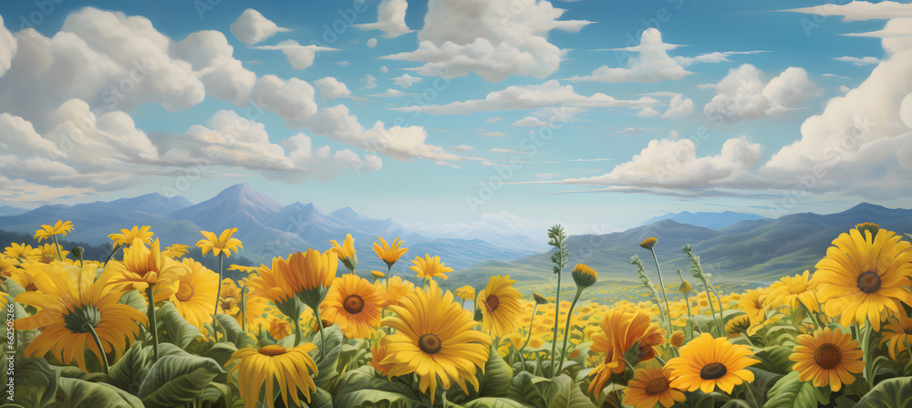 Wildflower Meadow and Cumulus Clouds, serene wildflower meadow filled ...