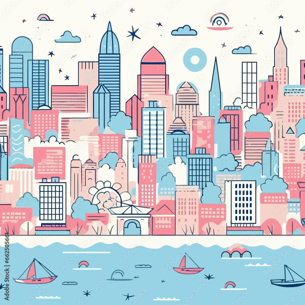 Philadelphia skyline quirky doodle pattern, background, cartoon, vector ...