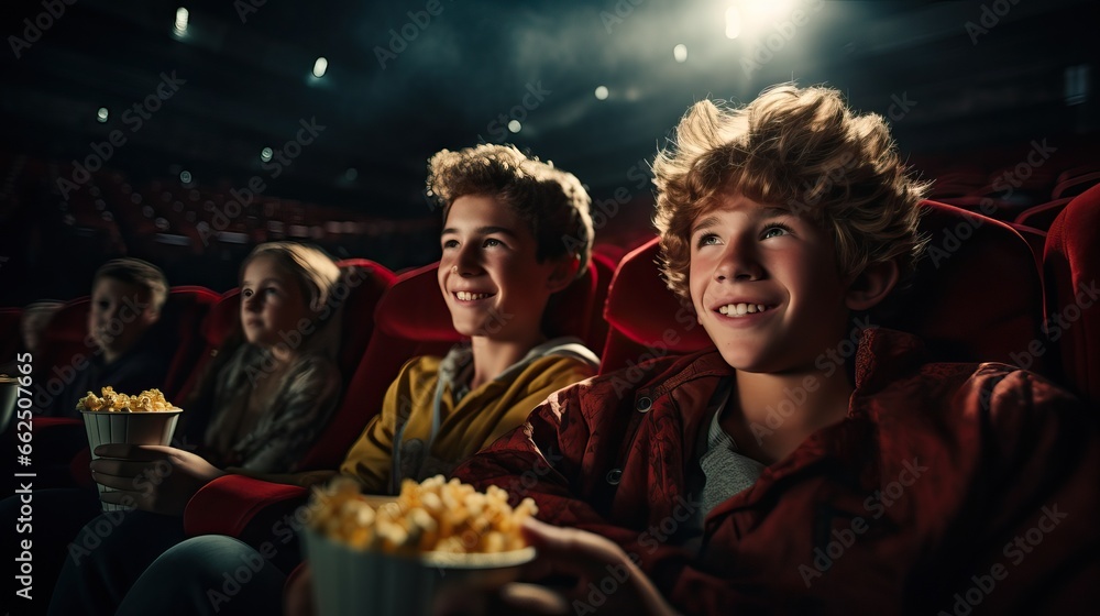 teenagers watching a funny movie in the cinema. crowd of happy ...